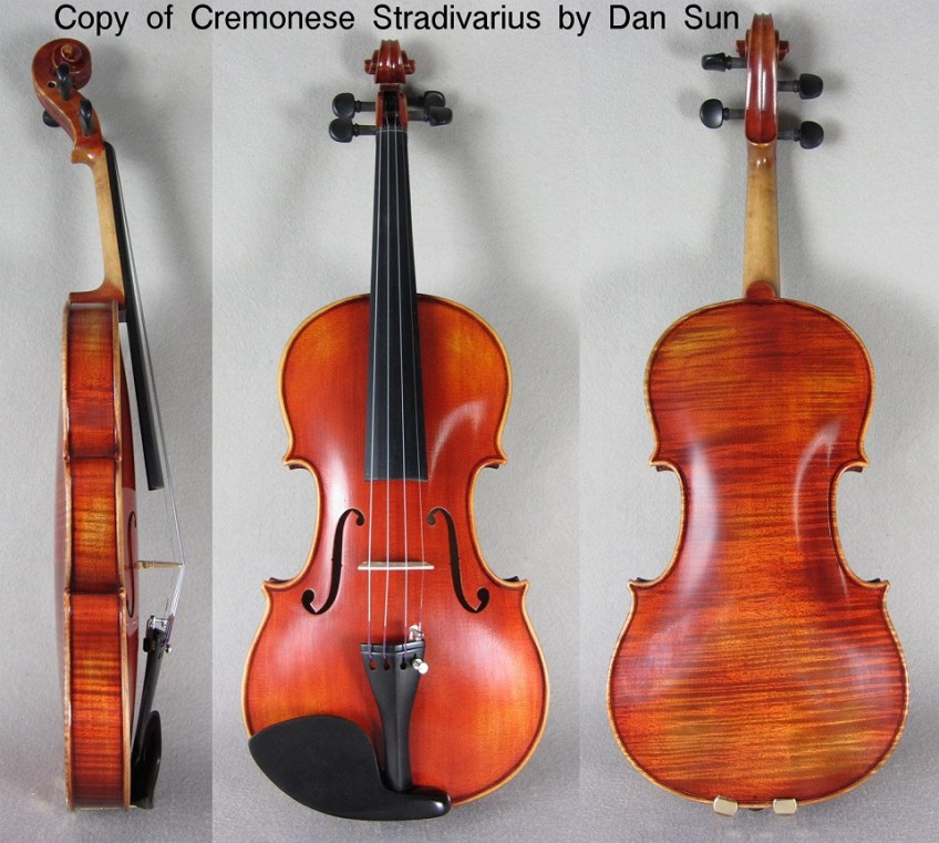 Cremonese Strad violin 1715-side front back with text | Strings2u